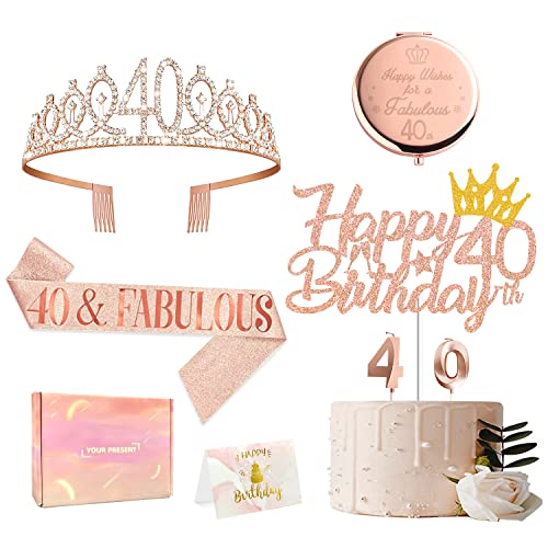 GOGOPARTY 40th Birthday Gifts for Women, Rose Gold 40th Birthday Decorations Including 40th Birthday Crown, Sash, Cake Topper, Candle, Compact Mirror, Birthday Card, 40th Birthday Gift Set for Women