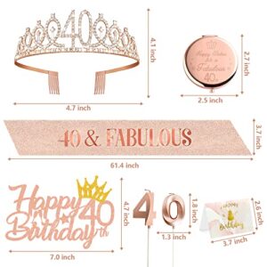 GOGOPARTY 40th Birthday Gifts for Women, Rose Gold 40th Birthday Decorations Including 40th Birthday Crown, Sash, Cake Topper, Candle, Compact Mirror, Birthday Card, 40th Birthday Gift Set for Women