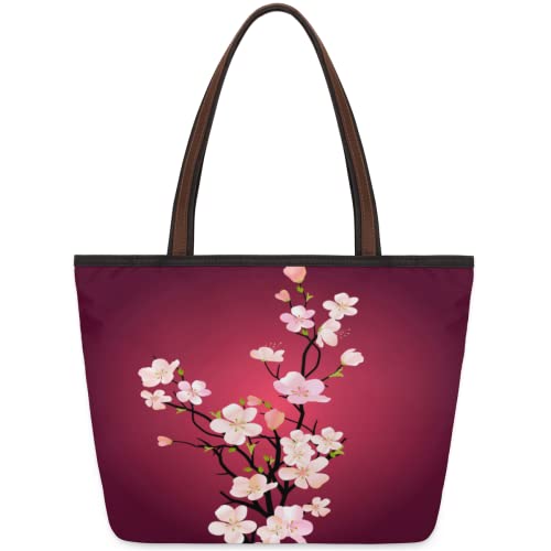 Cherry Blossom Tree Large Totes Top Handle Purse Women Shoulder Bag, Japanese Style Floral Tote Bag with Zipper Handbag for Travel School Girls