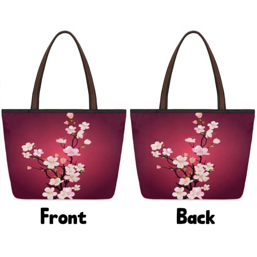 Cherry Blossom Tree Large Totes Top Handle Purse Women Shoulder Bag, Japanese Style Floral Tote Bag with Zipper Handbag for Travel School Girls