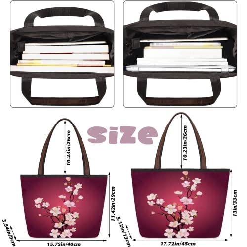 Cherry Blossom Tree Large Totes Top Handle Purse Women Shoulder Bag, Japanese Style Floral Tote Bag with Zipper Handbag for Travel School Girls