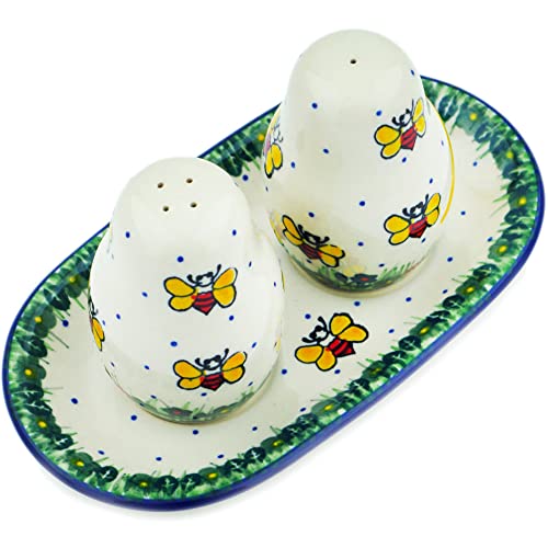 Polish Pottery Salt and Pepper 3-Piece Set made by Ceramika Artystyczna (Bee Happy Theme) Signature UNIKAT + Certificate of Authenticity