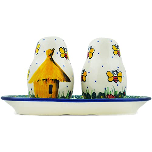 Polish Pottery Salt and Pepper 3-Piece Set made by Ceramika Artystyczna (Bee Happy Theme) Signature UNIKAT + Certificate of Authenticity