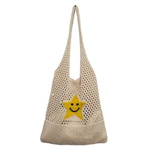 fairycore hobo bag y2k fairy grunge star crochet tote bag aesthetic indie shoulder handbags grunge mesh purse accessory (beige)