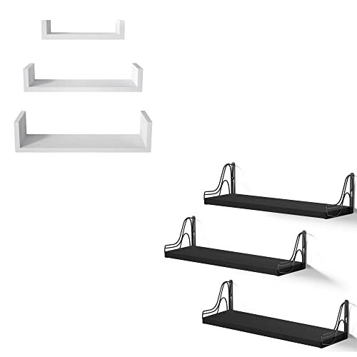 SRIWATANA U Shelves Wall Mounted Set of 3 and Large Floating Shelves Set of 3 （Contains 2 Items）