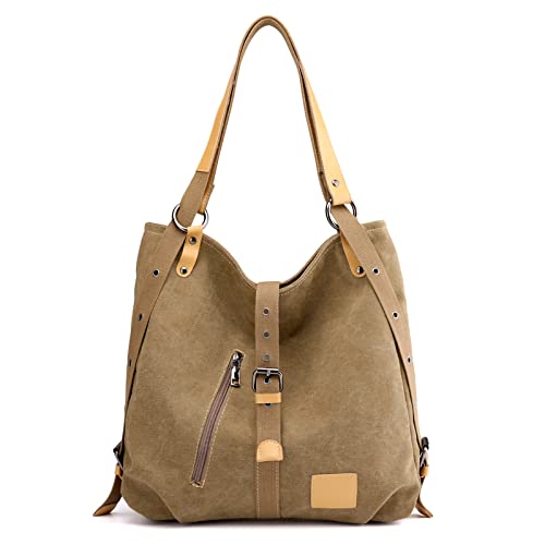 Eamom Tote Bag for Women Aesthetic Convertible Backpack Canvas Shoulder Bag School Tote Bag (Khaki)