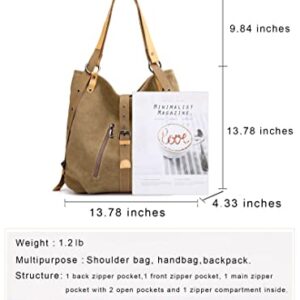 Eamom Tote Bag for Women Aesthetic Convertible Backpack Canvas Shoulder Bag School Tote Bag (Khaki)