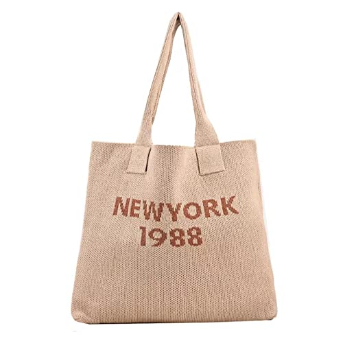 Grunge Knitted Tote Bag Y2K Fairycore Letter Shoulder Bag Aesthetic Hobo Bag Indie Crossbody Bag Alt Purse Accessories (Beige)