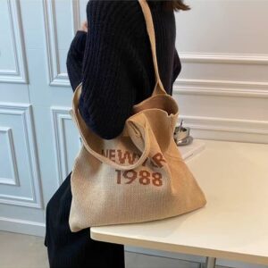 Grunge Knitted Tote Bag Y2K Fairycore Letter Shoulder Bag Aesthetic Hobo Bag Indie Crossbody Bag Alt Purse Accessories (Beige)