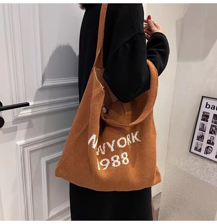 Grunge Knitted Tote Bag Y2K Fairycore Letter Shoulder Bag Aesthetic Hobo Bag Indie Crossbody Bag Alt Purse Accessories (Beige)