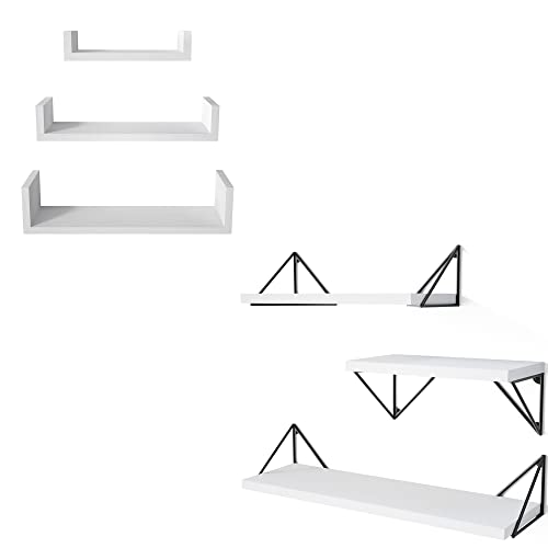 SRIWATANA U Shelves Wall Mounted Set of 3 and Large Floating Shelves Set of 3 （Contains 2 Items）