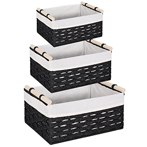 Vagusicc Wicker Baskets for Shelves, Hand-Woven Round Paper Rope Wicker Storage Basket with Cotton Liner and Wooden Handles, Woven Storage Basket for Organizing & Decor, Black, 3-Pack