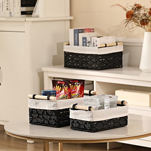 Vagusicc Wicker Baskets for Shelves, Hand-Woven Round Paper Rope Wicker Storage Basket with Cotton Liner and Wooden Handles, Woven Storage Basket for Organizing & Decor, Black, 3-Pack