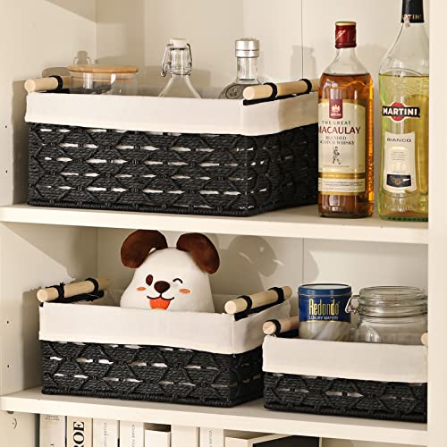 Vagusicc Wicker Baskets for Shelves, Hand-Woven Round Paper Rope Wicker Storage Basket with Cotton Liner and Wooden Handles, Woven Storage Basket for Organizing & Decor, Black, 3-Pack