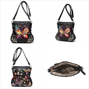 Colorful Butterfly Flower Western Purse Country Handbag Women Shoulder Bag Crossbody Wallet 4 Piece Set Black