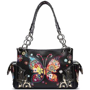 Colorful Butterfly Flower Western Purse Country Handbag Women Shoulder Bag Crossbody Wallet 4 Piece Set Black