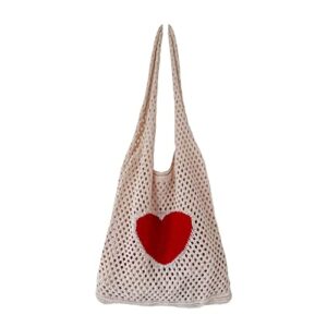 fairycore crochet tote bag y2k grunge knitted shoulder bag aesthetic heart hollow out purse cottagecore accessories (beige)