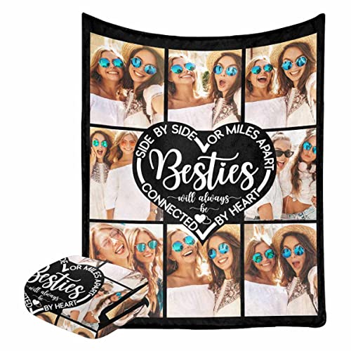 LOSARON Customized BFF Photo Fleece Blanket Throw Sister Side by Side or Miles Apart Connected by Heart Personalized Throw for Best Sisters Friends on Birthday Christmas 30 x40