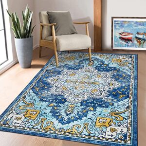 rugsreal vintage area rug washable boho living room rug foldable velvet rug floral bohemian print accent rug retro indoor carpet for bedroom entryway laundry room, 4′ x 6′, blue/yellow