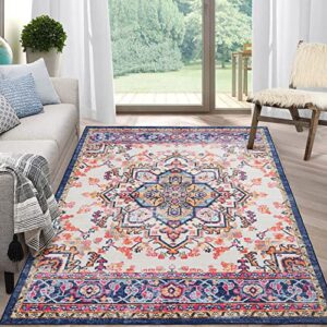 rugsreal boho area rug 8×10 vintage bohemian rug indoor floor print distressed medallion carpet rug mat foldable accent rug kitchen living room bedroom dining room, orange/blue