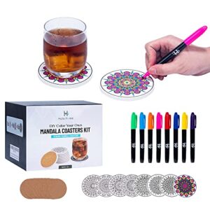 color your own coaster mandalas with markers | 8 absorbent ceramic discs w/cork base for drinks | gift arts and crafts diy kit for adults, hobby, beginners, kids, teens, seniors, women, elderly