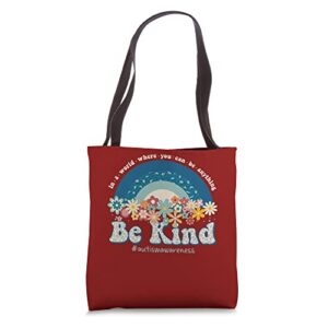 retro groovy leopard rainbow be kind autism awareness tote bag