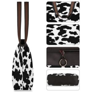 Cow Animal Print Large Totes Top Handle Purse Women Shoulder Bag, Black and White Camo Print Tote Bag with Zipper Handbag for Travel School Girls