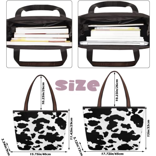 Cow Animal Print Large Totes Top Handle Purse Women Shoulder Bag, Black and White Camo Print Tote Bag with Zipper Handbag for Travel School Girls