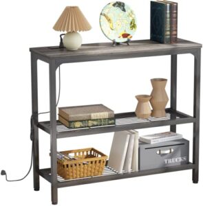 cotublr console table with outlets, entryway table with mesh shelves, 39 inch industrial sofa table for living room, entry table for entryway, hallway, foyer, kitchen, grey oak