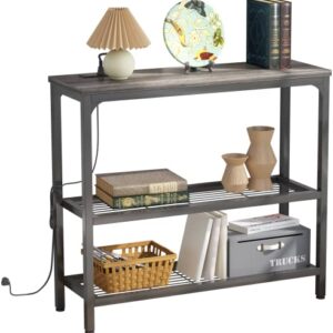 COTUBLR Console Table with Outlets, Entryway Table with Mesh Shelves, 39 inch Industrial Sofa Table for Living Room, Entry Table for Entryway, Hallway, Foyer, Kitchen, Grey Oak