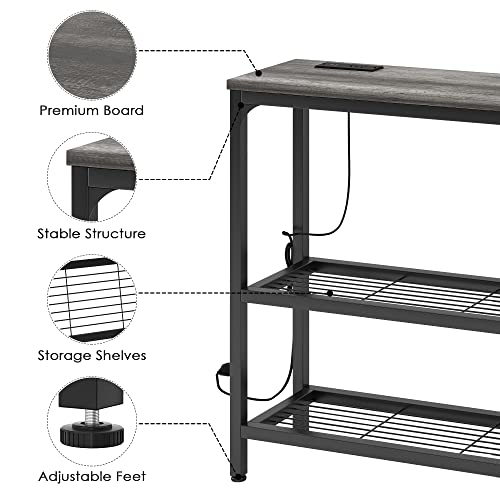 COTUBLR Console Table with Outlets, Entryway Table with Mesh Shelves, 39 inch Industrial Sofa Table for Living Room, Entry Table for Entryway, Hallway, Foyer, Kitchen, Grey Oak