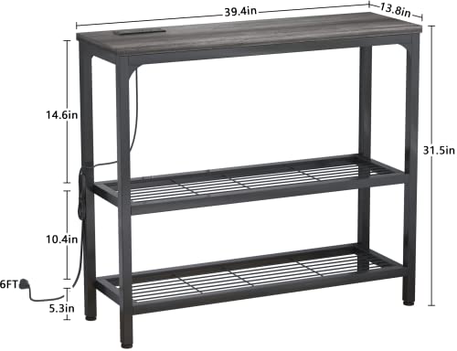 COTUBLR Console Table with Outlets, Entryway Table with Mesh Shelves, 39 inch Industrial Sofa Table for Living Room, Entry Table for Entryway, Hallway, Foyer, Kitchen, Grey Oak