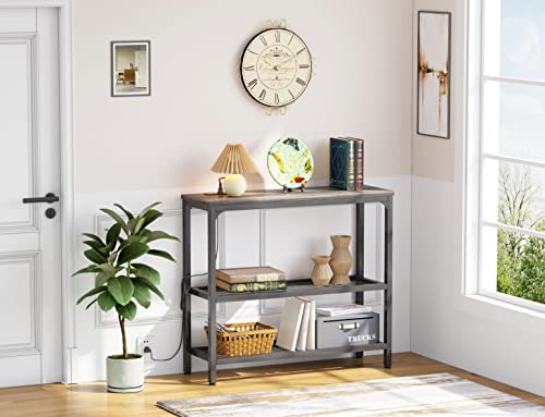 COTUBLR Console Table with Outlets, Entryway Table with Mesh Shelves, 39 inch Industrial Sofa Table for Living Room, Entry Table for Entryway, Hallway, Foyer, Kitchen, Grey Oak