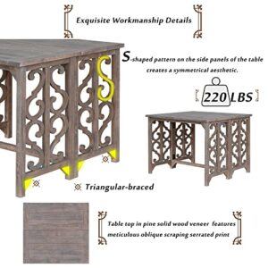 CKLMMC 3-Piece Retro Dining Set, Solid Wood Counter Height Pub Set with Foldable Table and 2 Saddle Stools for Kitchen, Small Space (Distressed Brown#Foldable)