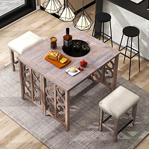 CKLMMC 3-Piece Retro Dining Set, Solid Wood Counter Height Pub Set with Foldable Table and 2 Saddle Stools for Kitchen, Small Space (Distressed Brown#Foldable)