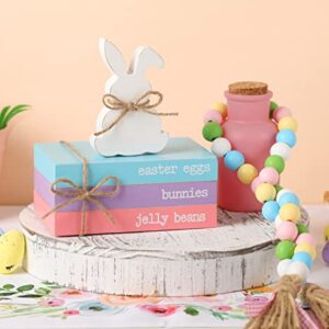 Easter Tiered Tray Decor, Spring Easter Decor for Table, Wood Book Stack with White Bunny and Bead Garland for Easter, Farmhouse Easter Mini Faux Decorative Books Bundle