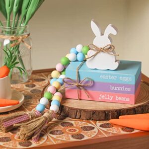 Easter Tiered Tray Decor, Spring Easter Decor for Table, Wood Book Stack with White Bunny and Bead Garland for Easter, Farmhouse Easter Mini Faux Decorative Books Bundle