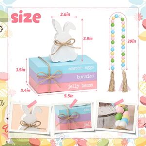 Easter Tiered Tray Decor, Spring Easter Decor for Table, Wood Book Stack with White Bunny and Bead Garland for Easter, Farmhouse Easter Mini Faux Decorative Books Bundle