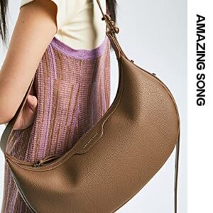 Amazing Song Hald Moon Crossbody Bag for Women, Designer Hobo Shoulder Handbag Togo Lether Adjustable Strap, Brown