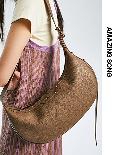 Amazing Song Hald Moon Crossbody Bag for Women, Designer Hobo Shoulder Handbag Togo Lether Adjustable Strap, Brown