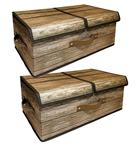 Double Compartment X-Large Collapsible Multi-Use Storage Bins with Dual Lids, Fold-up Cloth and Home Décor Dual Space Storage Caddy Box, Two Compartment Closet Chest (Pack of 2, Reclaimed Wood)