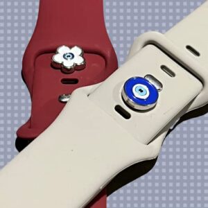 Watch Band Metal Charms Evil Eye and Flower for Smart-Watch Silicon Straps. Set of 2 Pop in some Bling for your wearable devices. Universal Spiritual Symbols of Protection. (Blue White)