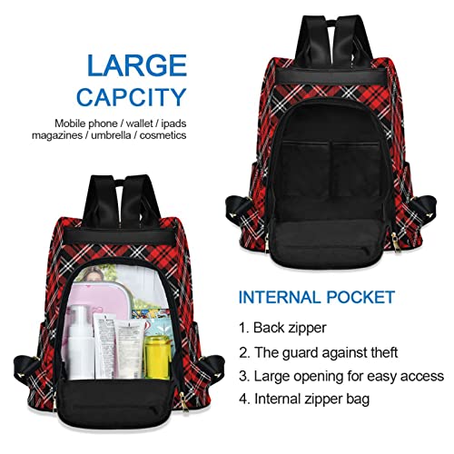 MNSRUU Women Backpack Purse Plaid Red Black Backpack for Women Anti-theft Shoulder Bag Carry On Backpack Lightweight Rucksack Fashion Travel Ladies Bags