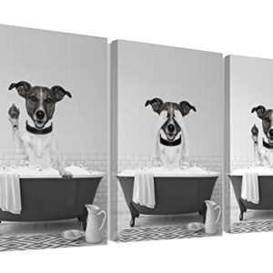 Funny Dog Wall Art in Bathtub black and White Canvas Print Wall Art Dog In Bathroom Picture, Dog Pictures Prints for Wall Decor Funny Artworks Set of 3 Ready To Hang for Living Room, Bathroom, Bedroom, Kids Bathroom Decor (12"x16", Framed)