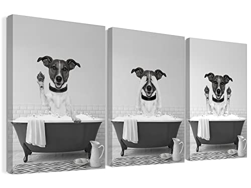 Funny Dog Wall Art in Bathtub black and White Canvas Print Wall Art Dog In Bathroom Picture, Dog Pictures Prints for Wall Decor Funny Artworks Set of 3 Ready To Hang for Living Room, Bathroom, Bedroom, Kids Bathroom Decor (12"x16", Framed)