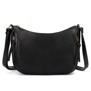 kl928 small crossbody bag for women, soft pu leather shoulder handbag, two front zipper pocket saddle bag purse black