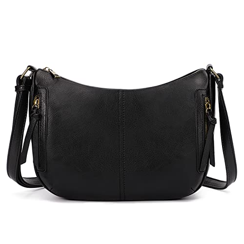 KL928 Small Crossbody Bag for women, Soft PU Leather Shoulder Handbag, Two Front Zipper Pocket Saddle Bag Purse Black