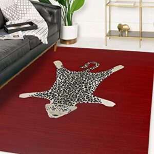 SIYON Cheetah Leopard Print Area Rug for Bedroom Minimalist Non-Slip Living Room Floor Rugs Washable Reversible Dining Room Accent Rugs Red Home Office Throw Mat 4x6 Fur Kitchen Runner Mat