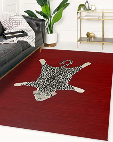 SIYON Cheetah Leopard Print Area Rug for Bedroom Minimalist Non-Slip Living Room Floor Rugs Washable Reversible Dining Room Accent Rugs Red Home Office Throw Mat 4x6 Fur Kitchen Runner Mat