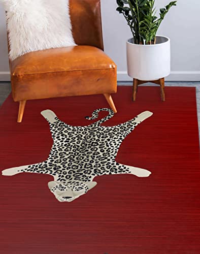 SIYON Cheetah Leopard Print Area Rug for Bedroom Minimalist Non-Slip Living Room Floor Rugs Washable Reversible Dining Room Accent Rugs Red Home Office Throw Mat 4x6 Fur Kitchen Runner Mat